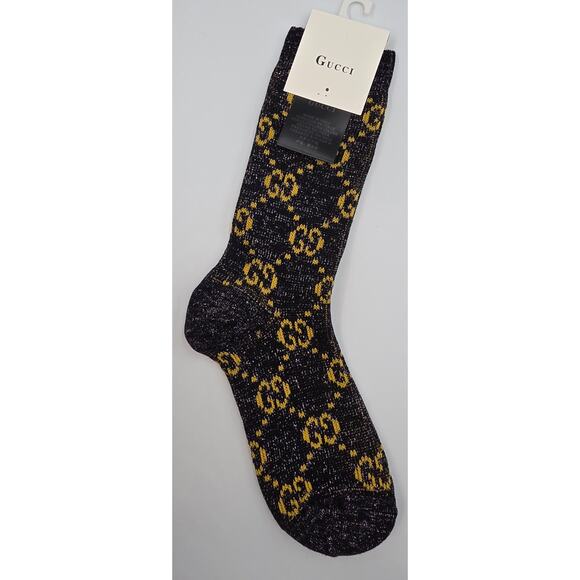 Gucci | Accessories | Gucci Gg Logo Glitter Socks Black Gold Regular Crew Sparkley Metallic New ...